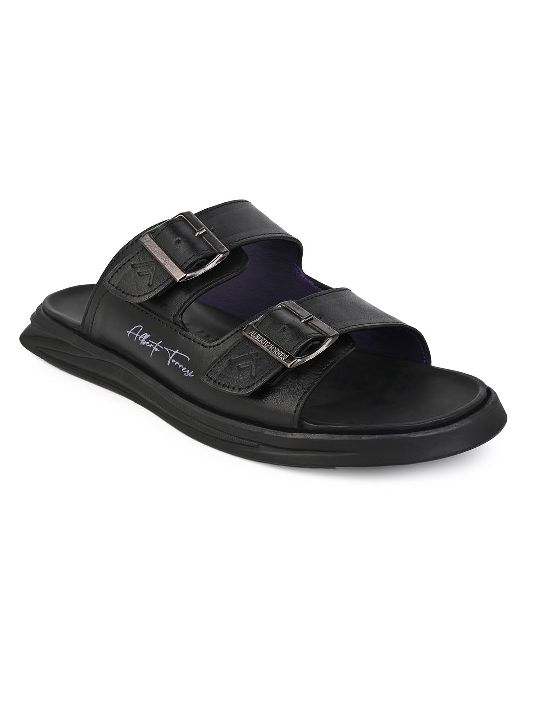 Alberto Torresi Men's Black Leather Two-Strap Slide Slippers and Comfo