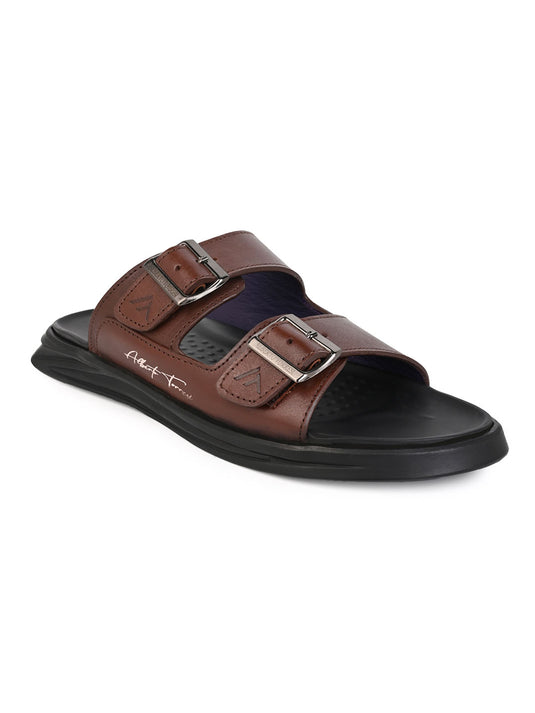 Alberto Torresi Men's Brown Leather Two-Strap Slide Slippers and Comfo