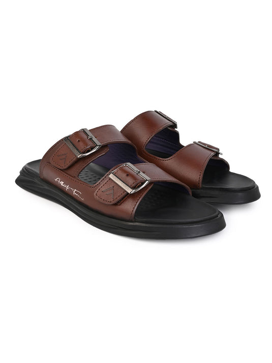 Alberto Torresi Men's Brown Leather Two-Strap Slide Slippers and Comfo