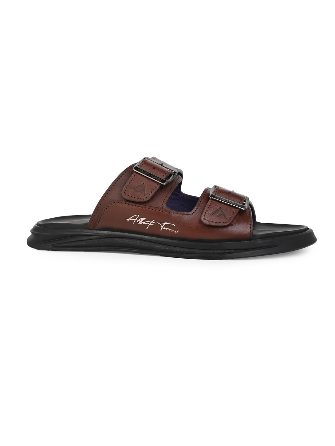 Alberto Torresi Men's Brown Leather Two-Strap Slide Slippers and Comfo