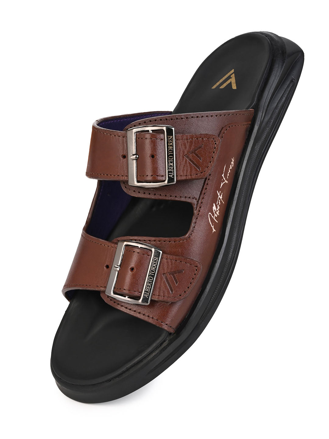 Alberto Torresi Men's Brown Leather Two-Strap Slide Slippers and Comfo