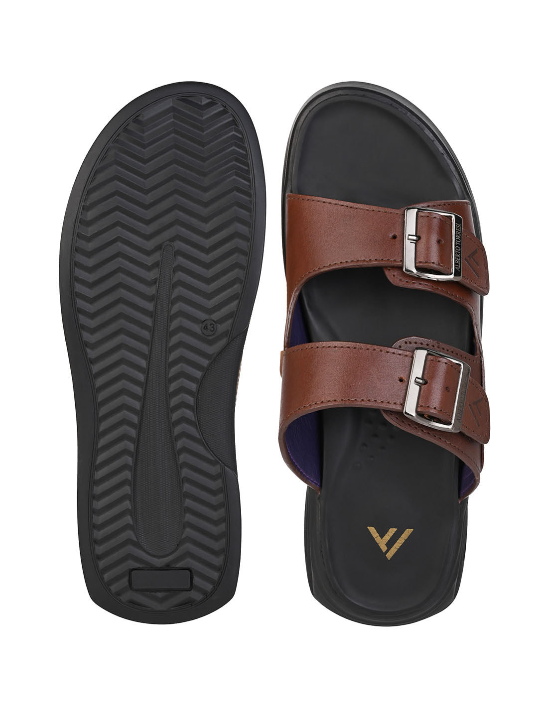 Alberto Torresi Men's Brown Leather Two-Strap Slide Slippers and Comfo