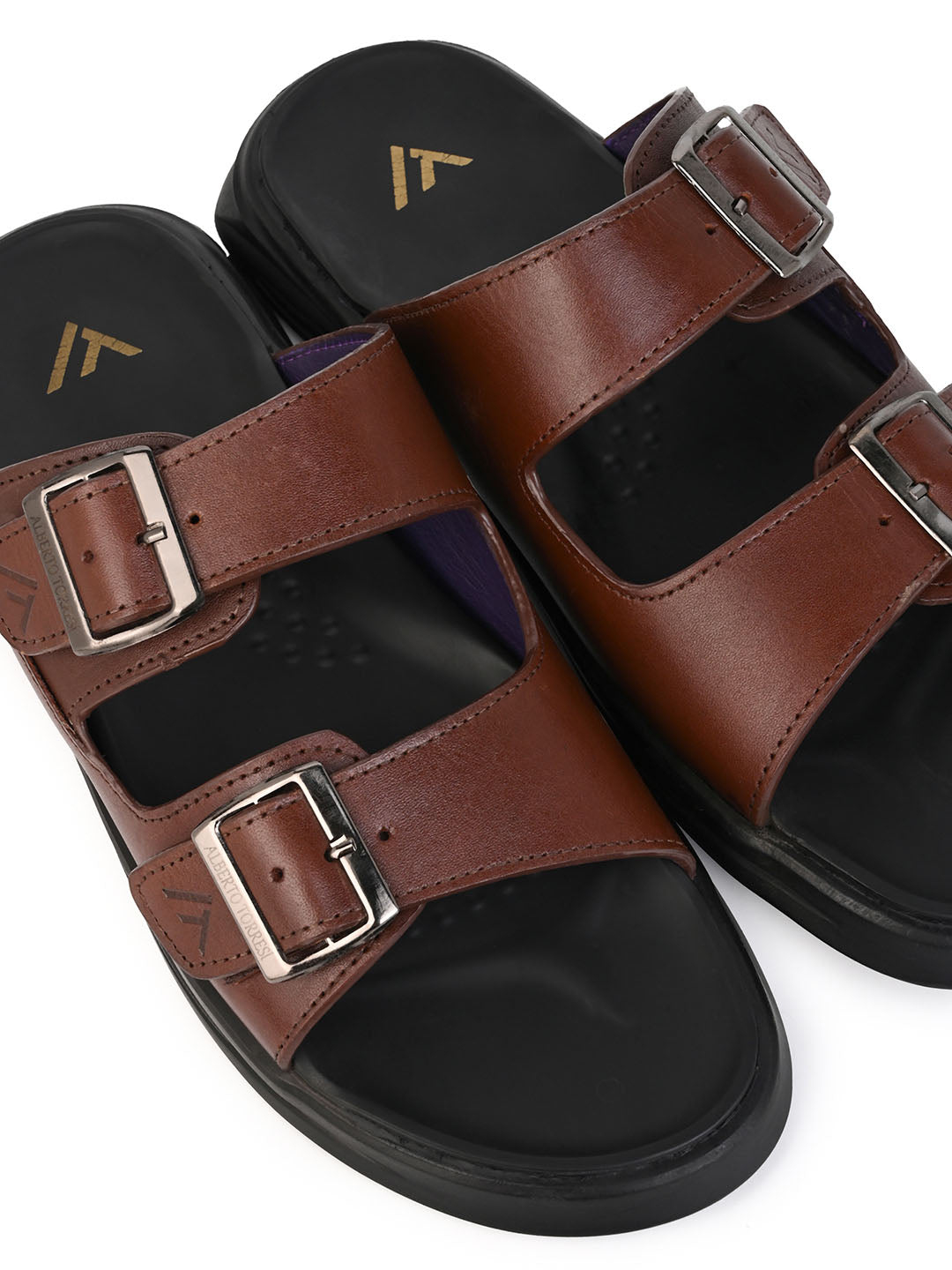 Alberto Torresi Men's Brown Leather Two-Strap Slide Slippers and Comfo